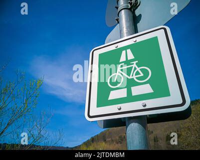 new german traffic sign indicating prioritized bicycle highway in front ...