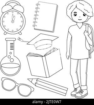 Student boy and set of school objects. Vector black and white coloring ...