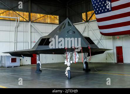 F-117 Nighthawk stelath bomber in hanger at military air base in Gunsan ...
