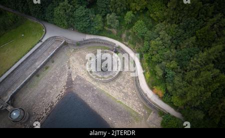 Aerial view of Ladybower Reservoir with scenic countryside and blue sky ...