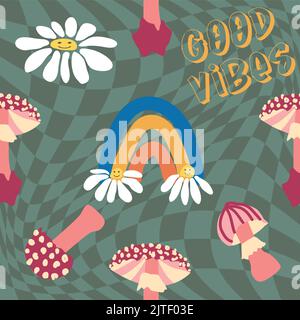 Magic psychedelic drug mushrooms, Chamomile, rainbow seamless pattern ...
