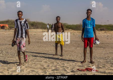 BERBERA, SOMALILAND - APRIL 13, 2019: Colorfuly painted fish restaurant ...