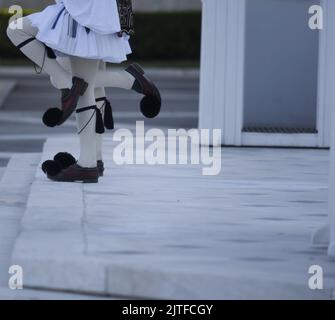 Closeup view of "tsarouchia" shoes part of the traditional uniform worn ...