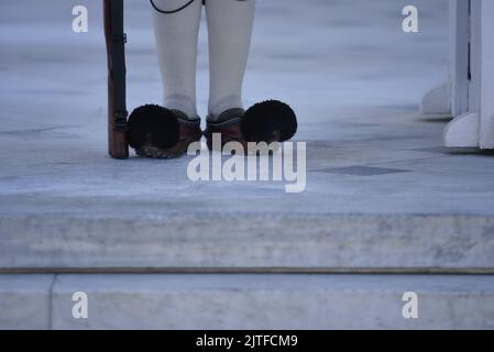 Closeup view of "tsarouchia" shoes part of the traditional uniform worn ...