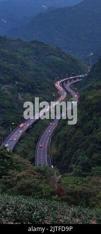 The curved highway through the green rice fields with houses scattered ...