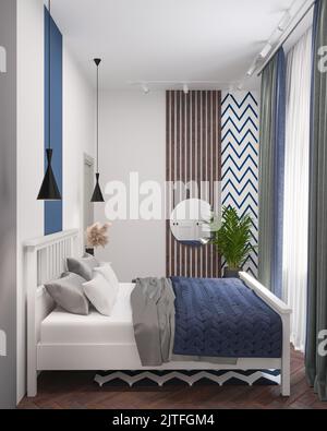 3d illustration. Stylish bright bedroom in the style of contempo ...