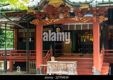 The haiden worship hall at the Akasaka Hikawa Shrine, in Akasaka, Tokyo ...