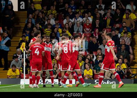 Rodrigo Muniz #9 of Middlesbrough celebrates scoring the opening goal ...