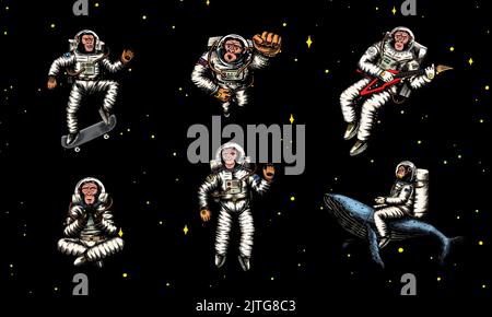 Monkey astronaut with whale, guitar, skateboard and moon. Chimpanzee ...