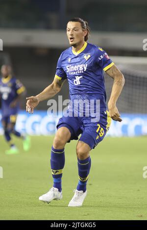 Milan Djuric of Hellas Verona FC in action with Federico Ceccherini of ...