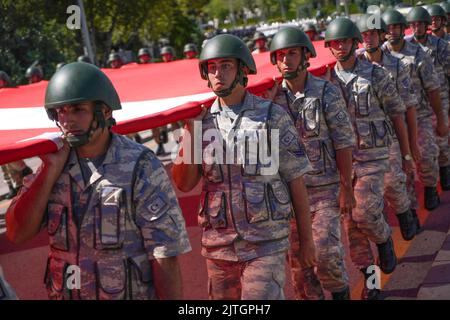 Turkey, 30/08/2022, Turkish soldiers march with a Turkish flag during ...