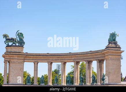 Monuments in Heroes Square near Parliament House in Budapest show large ...