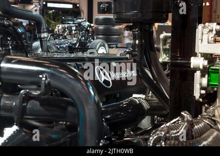 Mercedes-Benz bus motor, exposed chassis, engine and gears Stock Photo ...