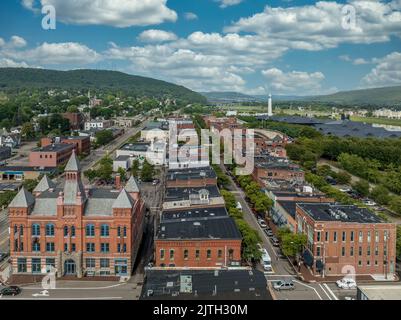 Aerial view of Corning Market Street downtown area with brick facade ...