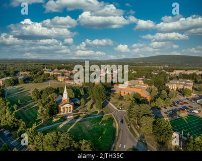 Aerial view of Bucknell University colonial red brick buildings in ...