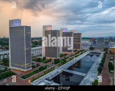 Aerial sunset view of downtown Albany, Empire State Plaza, the Egg ...