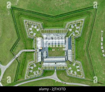Aerial view of reconstructed earth wood star fort from the ...