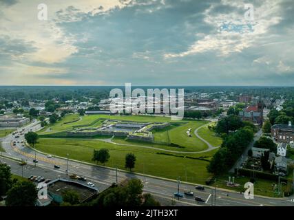 Aerial view of reconstructed earth wood star fort Stanwix Revolutionary ...