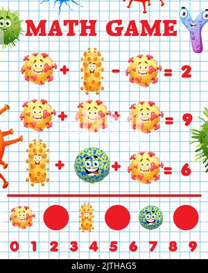 Cartoon virus and microbe characters, math game worksheet. Vector ...