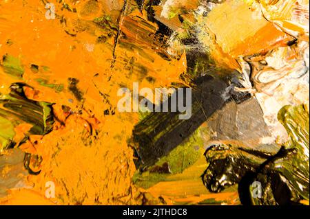Banner of abstract autumn background. Smeared orange paint on canvas ...