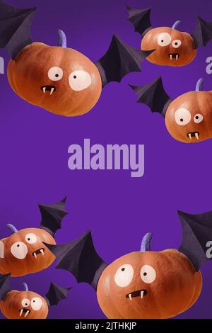 Halloween background with painted face pumpkins and autumn leaves. Diy ...