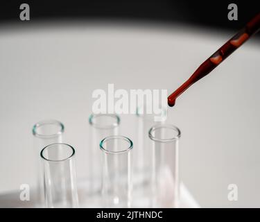 Close-up of a laboratory assistant dripping blood from a pipette into a ...