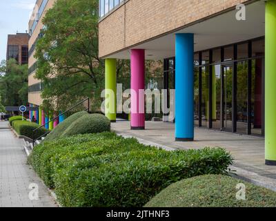 Coloured pillars on the frontage of Margaret Powell House, an office ...