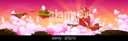 Medieval castle on floating islands at different time of day. Fantasy ...