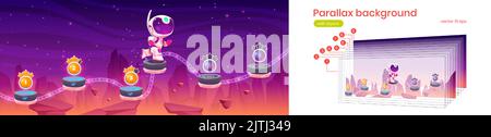 Mobile space arcade game parallax background with astronaut jump on ...
