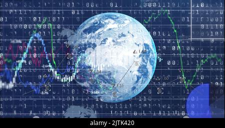 Image of graphs, data and binary code on blue background Stock Photo ...