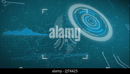 Image of biometric fingerprint scanner over interface with data processing on blue background ...