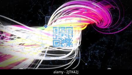 Image of wavy lights and qr code on black background. Colour, shape ...