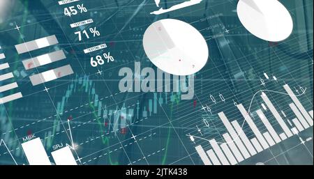 Digital image of various charts moving over grid pattern and programming language Stock Photo ...