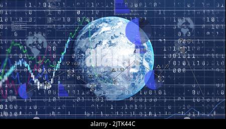 Image of graphs, data and binary code on blue background Stock Photo ...
