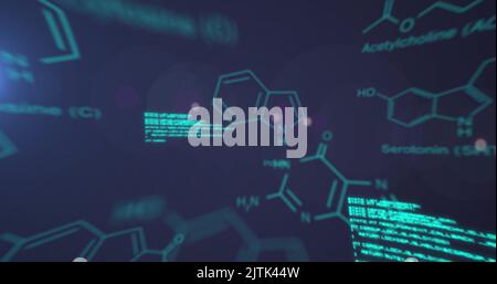Image of chemical structures and data processing against blue ...