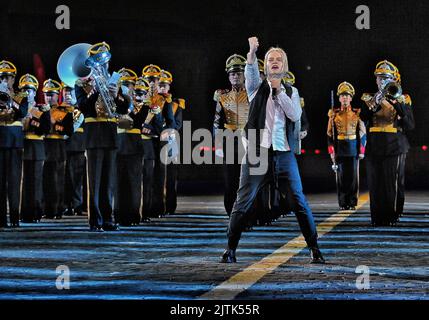 Moscow. Singer SHAMAN (Yaroslav Dronov) performing at a solo concert at ...