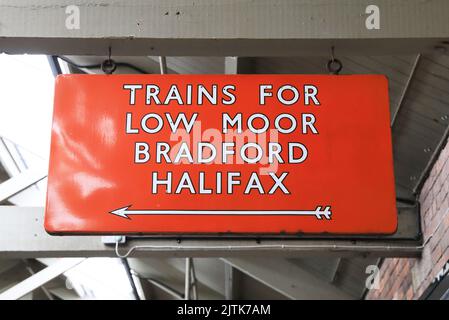 Heritage trains and signs at Bradford Industrial Museum, in Moorside ...
