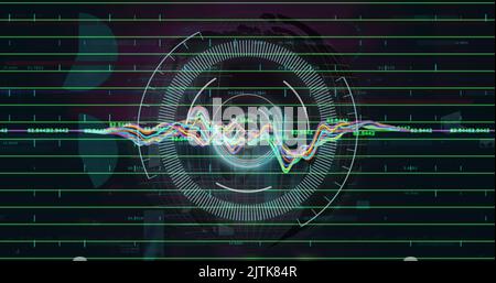 Image of round scanner spinning over statistical data processing against green background Stock ...