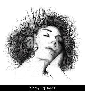 Black white melancholic girl, digital drawing Stock Photo - Alamy