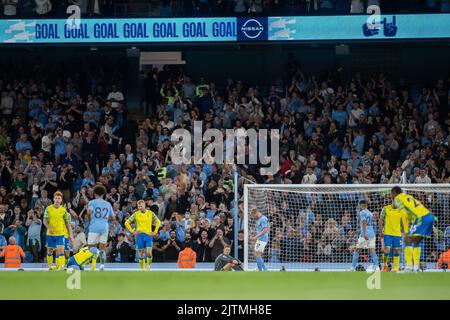 The Nottingham Forest defence look dejected after City’s sixth goal ...