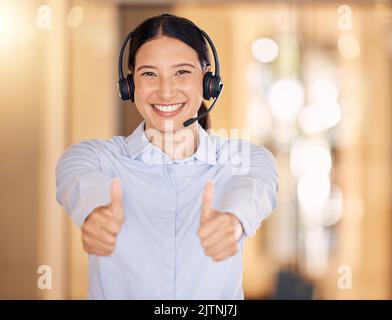 Call center, portrait and woman with thumbs up for telemarketing ...
