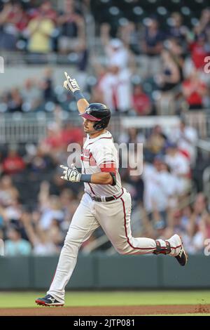 Atlanta Braves' Austin Riley celebrates after hitting a home run during ...