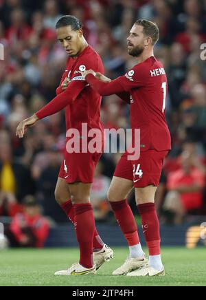 Virgil van Dijk of Liverpool gives his team instructions during the ...