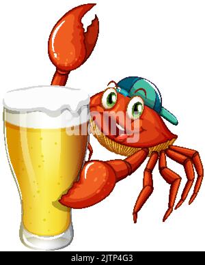 Cute crab cartoon character drinking beer illustration Stock Vector ...