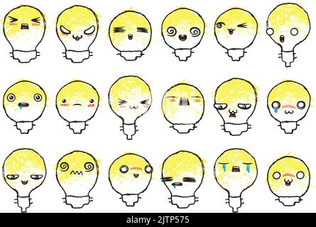 Set of Various Cartoon Bulbs with Emoticons. Doodle lightbulb, ideas ...
