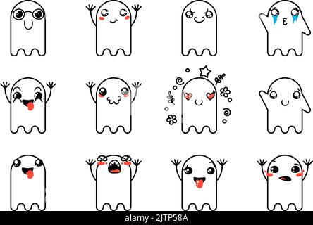 Set of Various Cartoon Ghosts with Emoticons. Doodle ghouls, eyes and ...