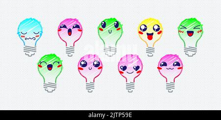 Set of Various Cartoon Bulbs with Emoticons. Doodle lightbulb, ideas ...