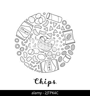 Hand drawn outline chips varieties, snacks, packs, tube boxes and ...