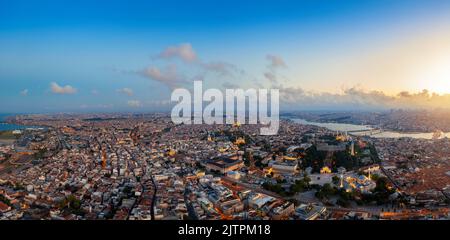 Sunrise view of Old mosque at the seaside of old Venetian harbor at ...