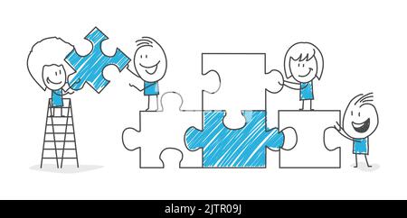 Stick figures. People connecting puzzle elements. Symbol of teamwork ...